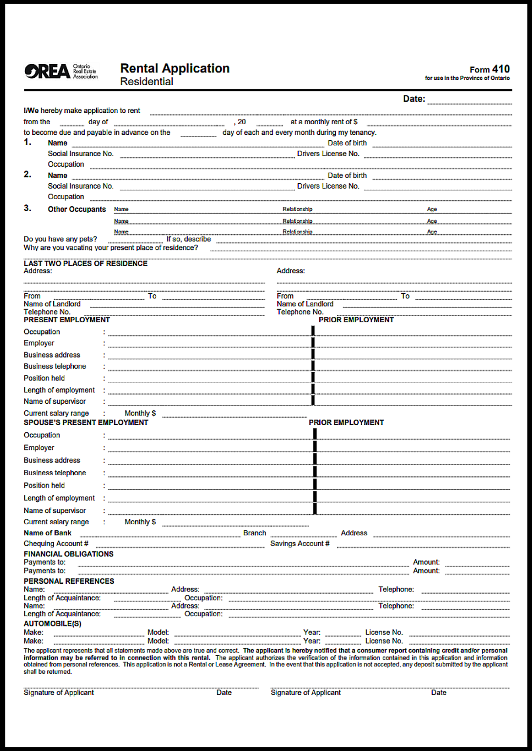 Ontario Rental Application Form (Canada) – Printable PDF Download ...
