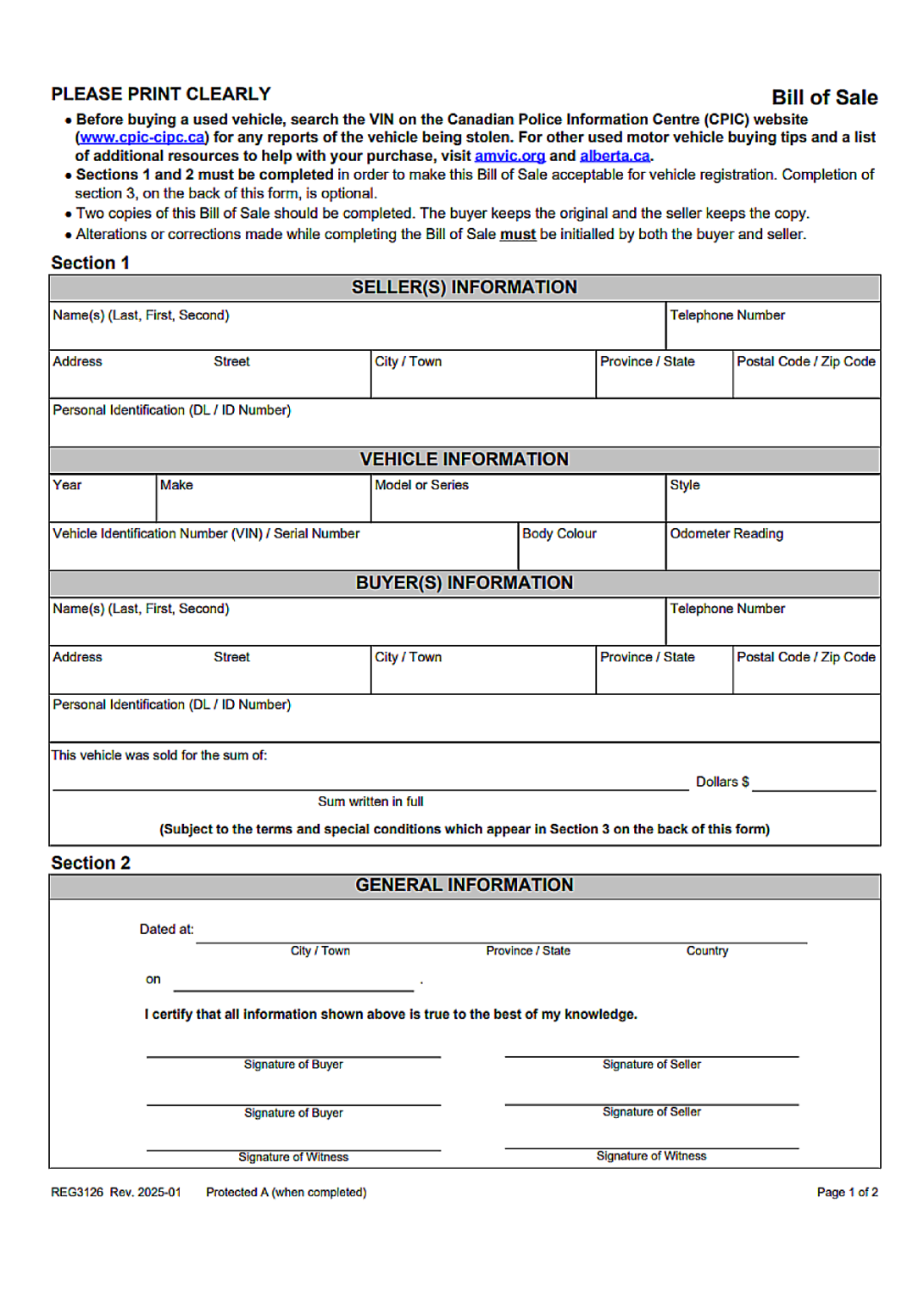 Free Alberta Vehicle Bill of Sale Template - Legal Templates Canada ...